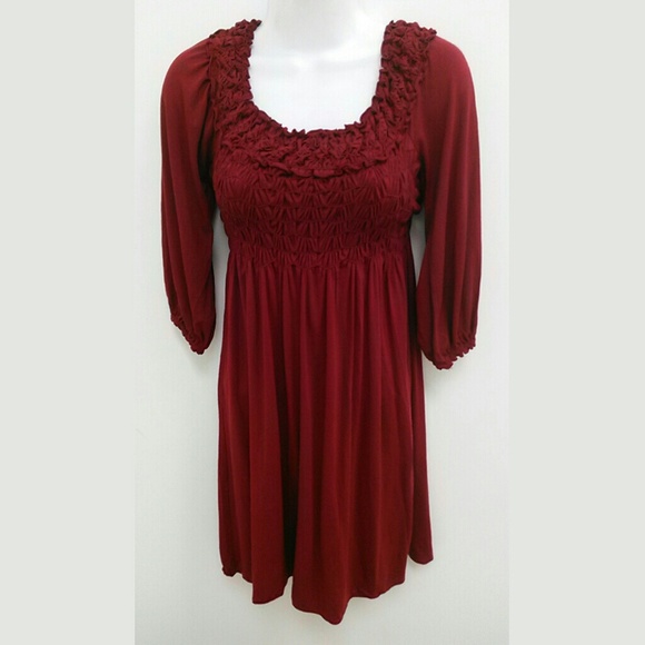 Max Studio | Dresses | Burgundy Red Smocked Dress 34 Sleeve Xs | Poshmark